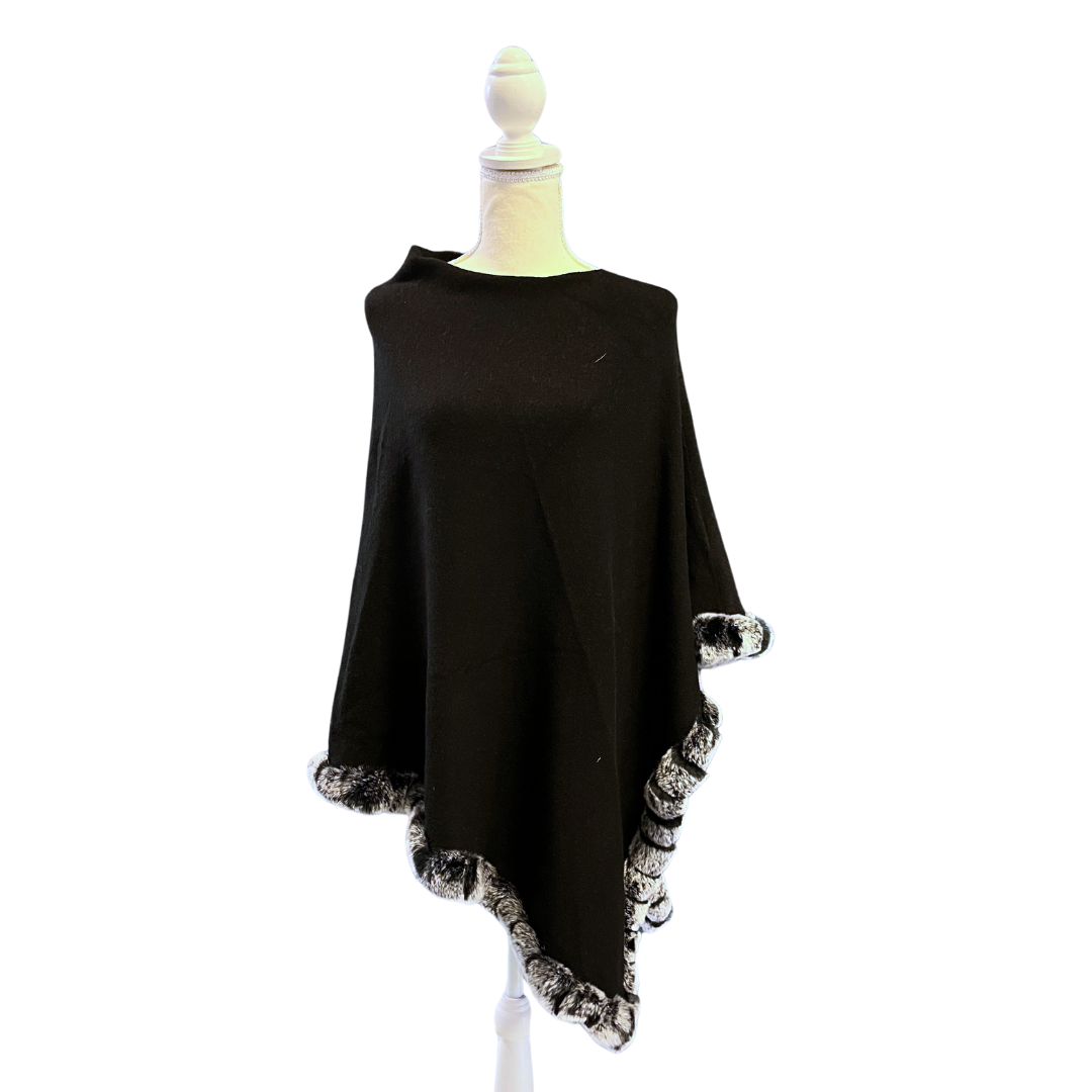 Black Poncho with Rex Rabbit Trim – Rockwell Tharp